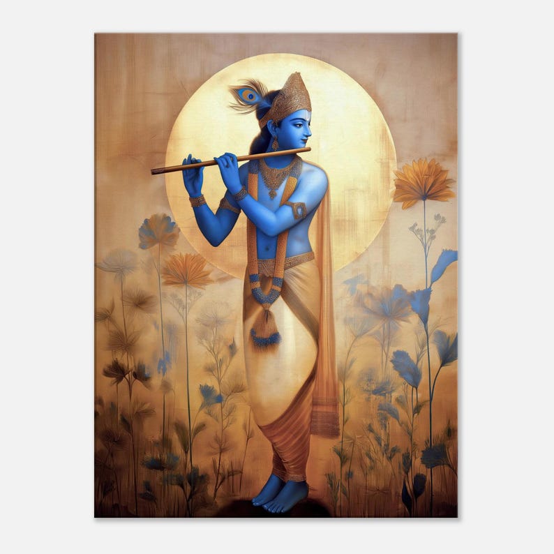 Lord Krishna Under a Golden Moon Canvas Print, Wall Art Home Office ...