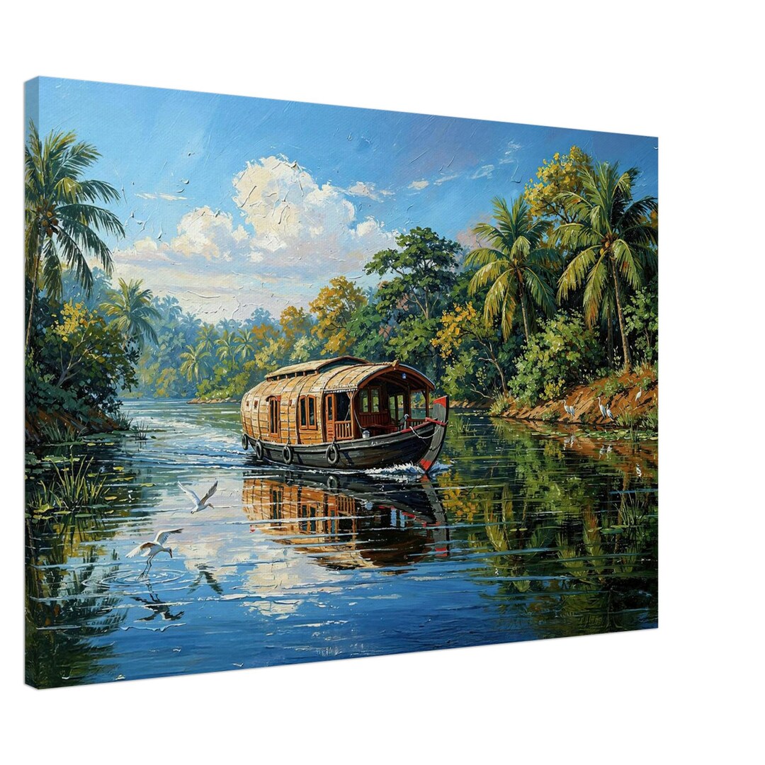 Riverboat Navigating a Kerala Backwater Canal Canvas Print, Alleppey ...