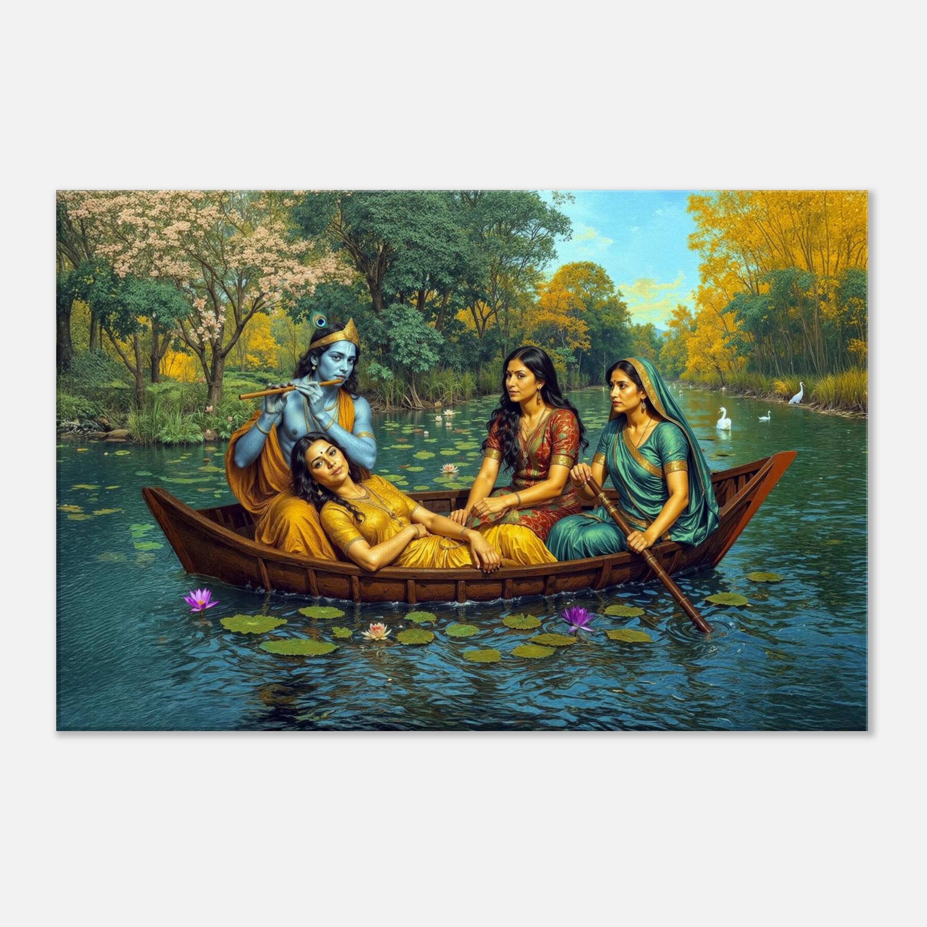 Lord Krishna With Gopis Boat Scene Canvas Print, Wall Art Home Temple ...