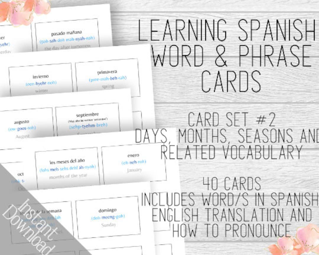 Learning Spanish Card Set 2 Printable Word and Phrase Cards, Days ...