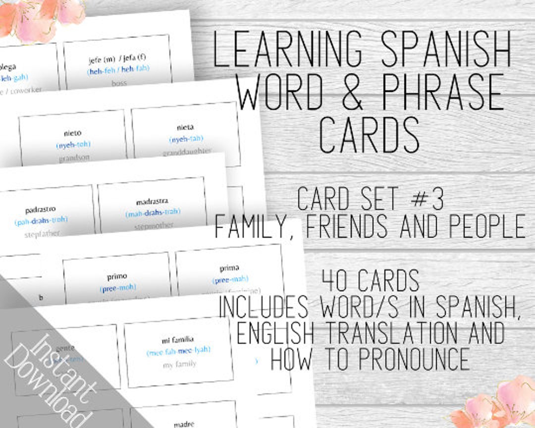 Learning Spanish Card Set #3 Printable Word and Phrase Cards, Family ...