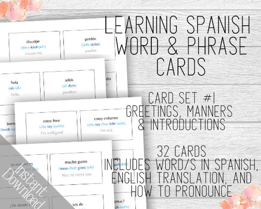 Learning Spanish Card Set #1 Printable Word and Phrase Cards, Greetings ...