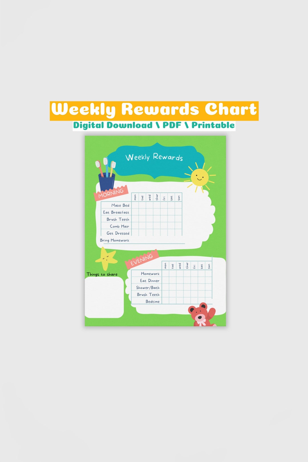 KIDS Weekly Chart / Weekly Kids Tracker / Planner / Chores / Rewards ...