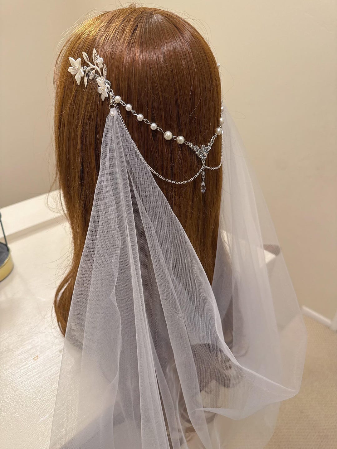Bridal Pearl Hair Chain Veil, Leaf Flower Headpiece - Etsy