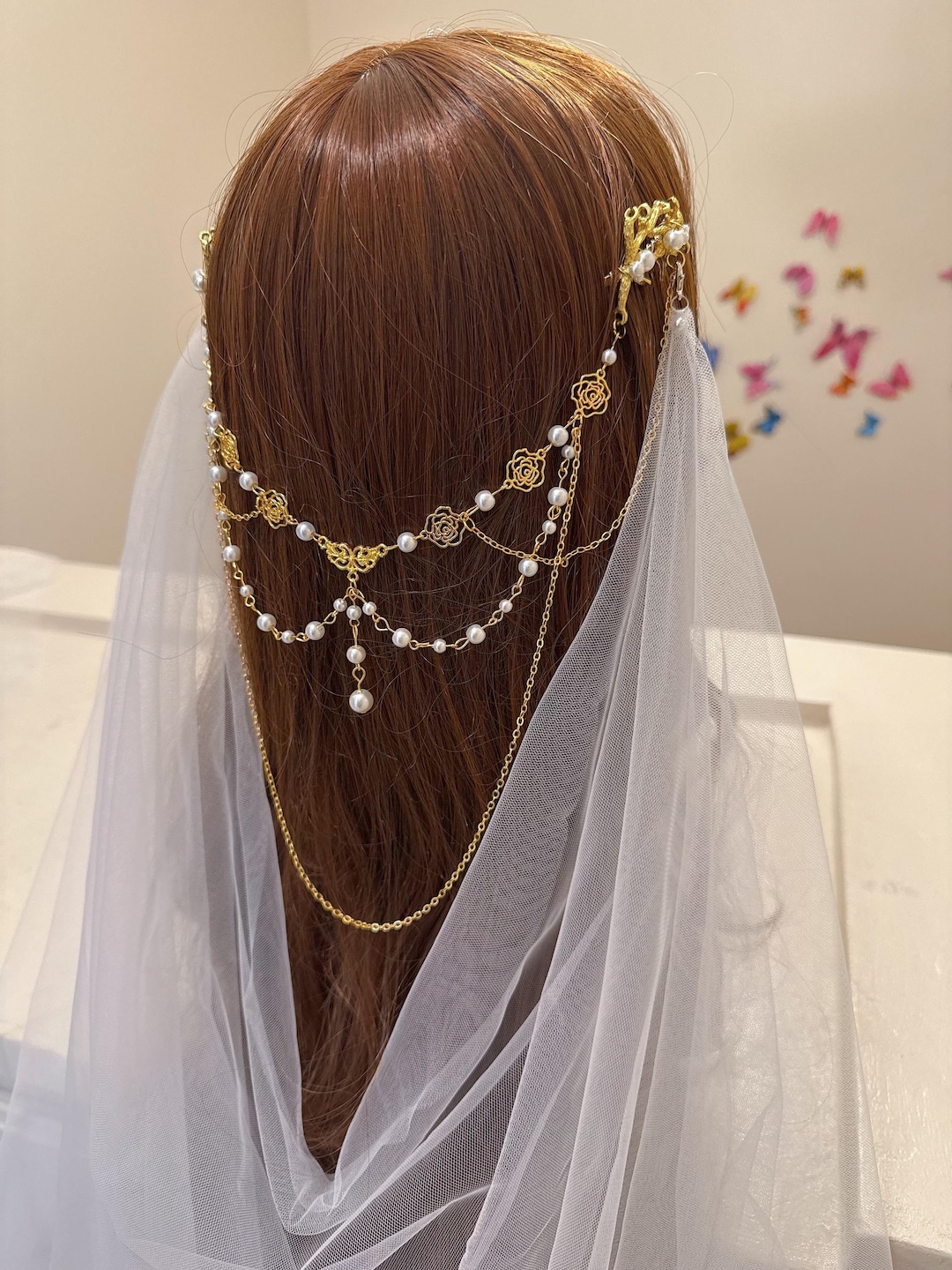 Bridal Pearl Hair Chain: Flower Leaf Headpiece With Detachable Draped ...