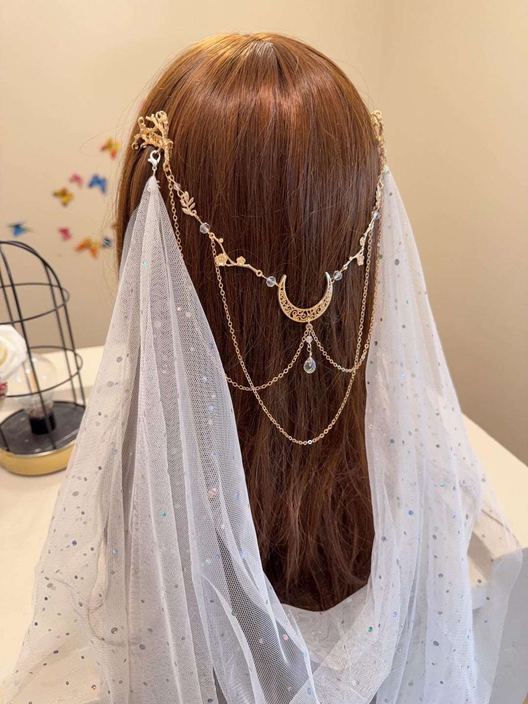 Bridal Gold Leaf Hair Comb, Crystal Wedding Hair Chain, Draped Veil - Etsy