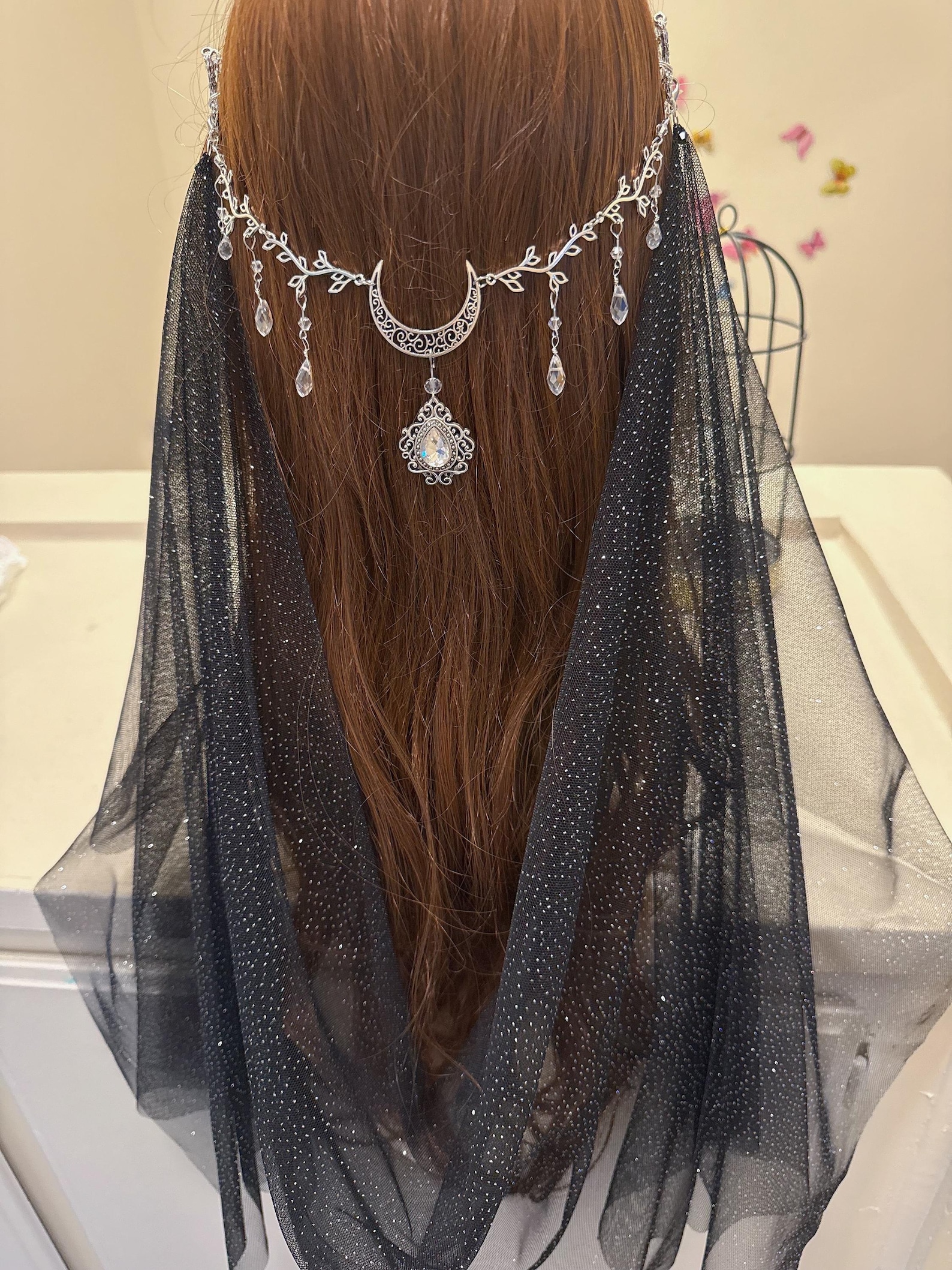 Bridal Crystal Leaf Hair Comb, Moon Wedding Headpiece With Veil Elven ...