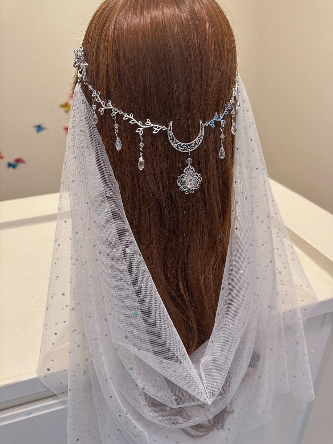 Bridal Crystal Leaf Hair Comb, Moon Wedding Headpiece With Veil Elven ...
