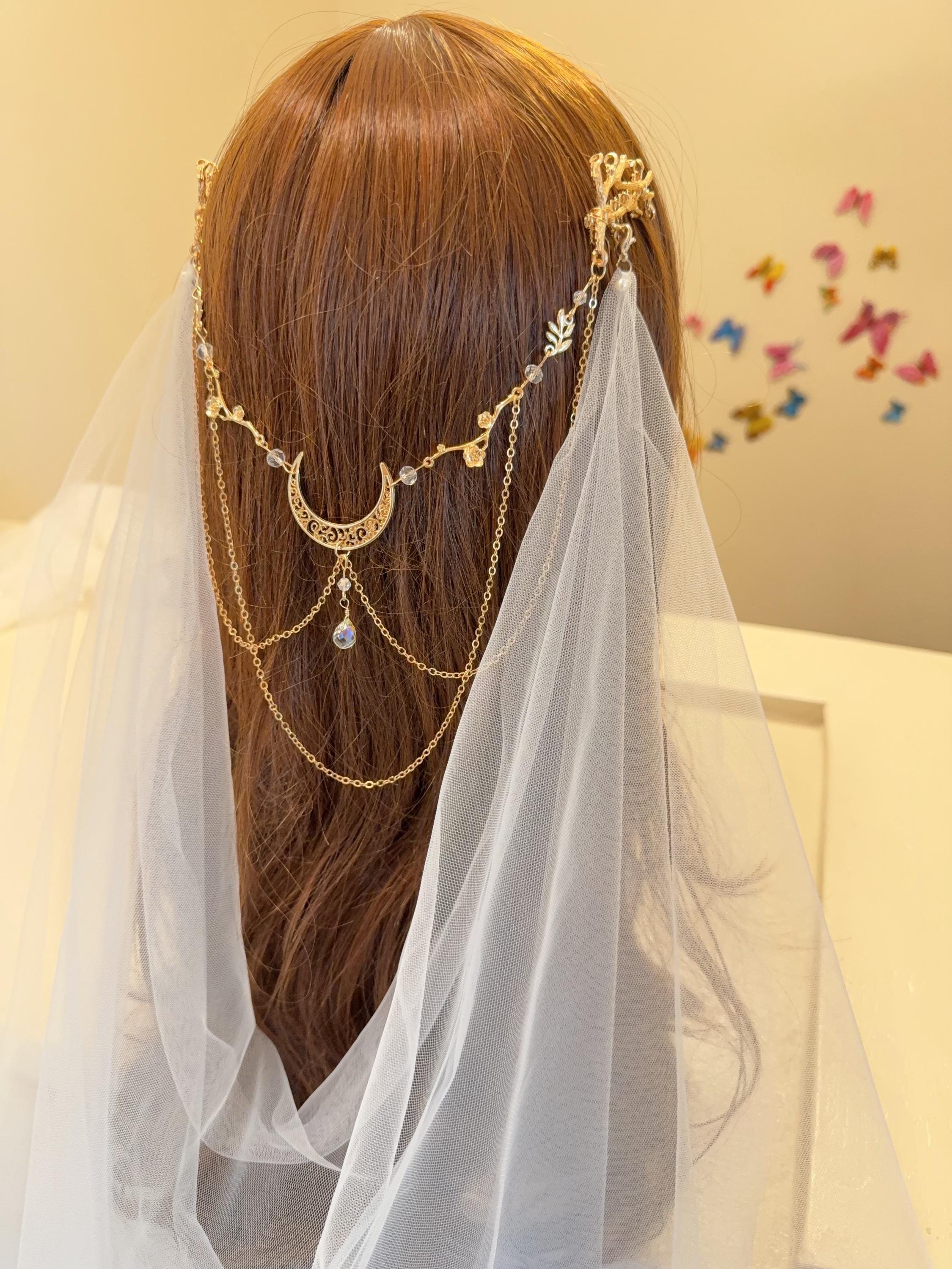 Bridal Gold Leaf Hair Comb, Crystal Wedding Hair Chain, Draped Veil - Etsy