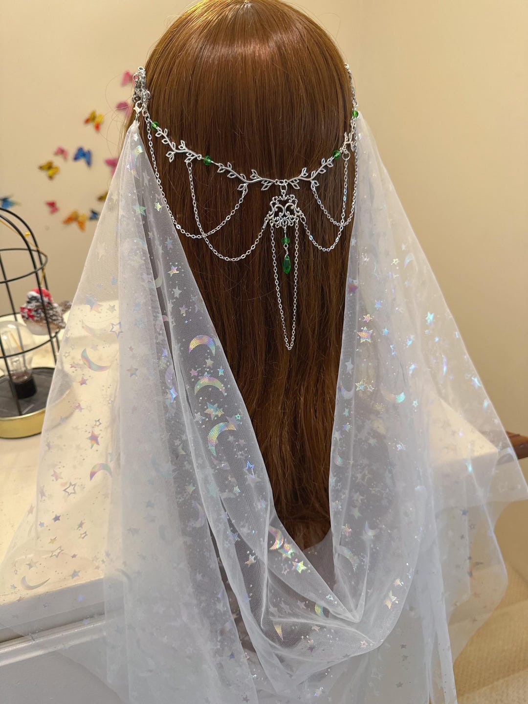 Bridal Leaf Hair Comb With Green Crystal Drop, Draped Wedding Veil Lord ...
