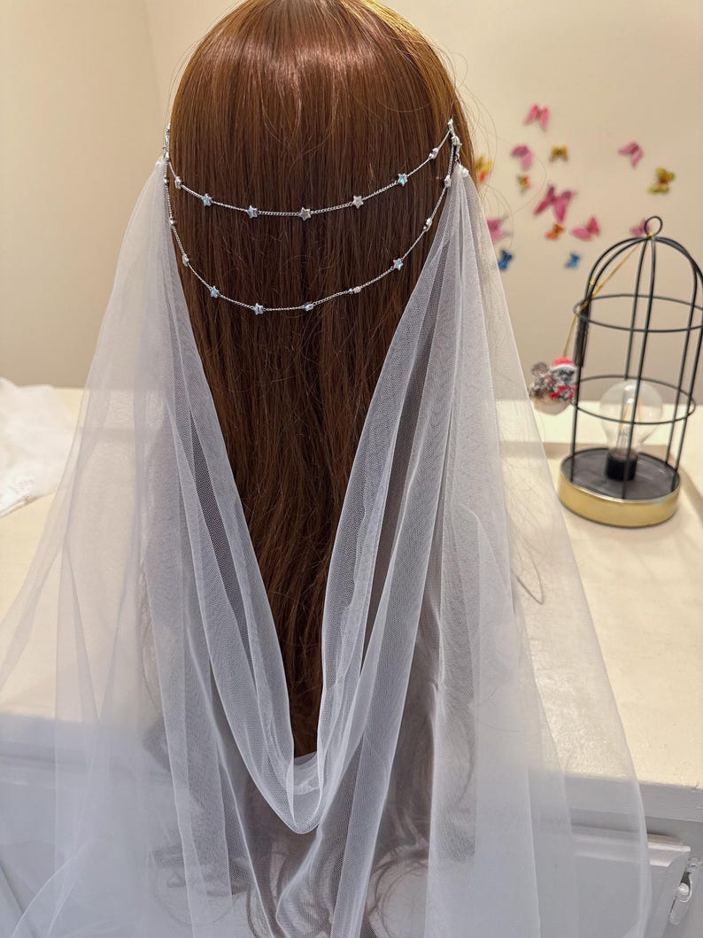 Boho Star Silver Hair Chain, Wedding Draped Veil With Pearls - Etsy