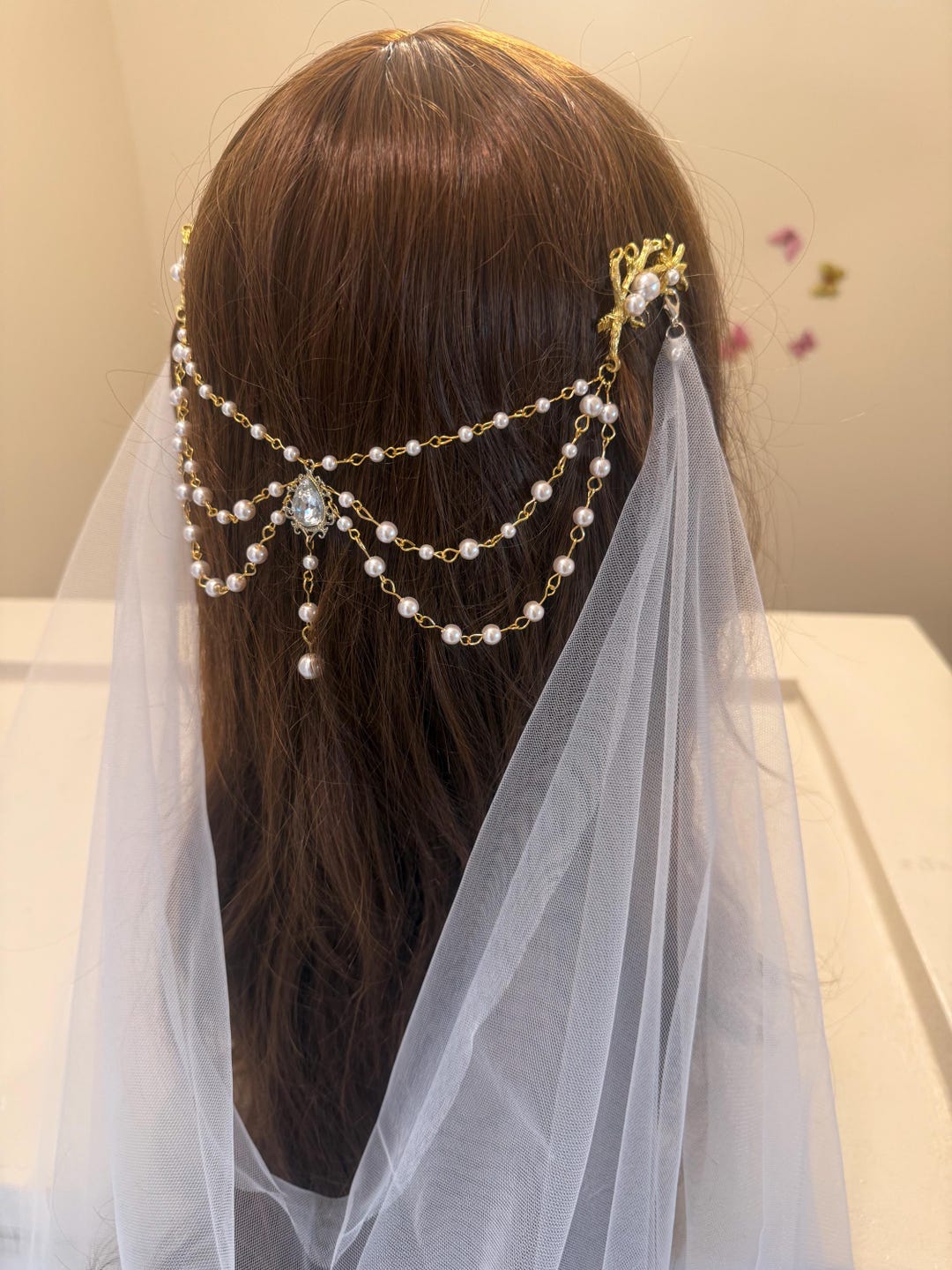 Bridal Pearl Hair Comb, Draped Veil Headpiece, Wedding Hair Chain - Etsy