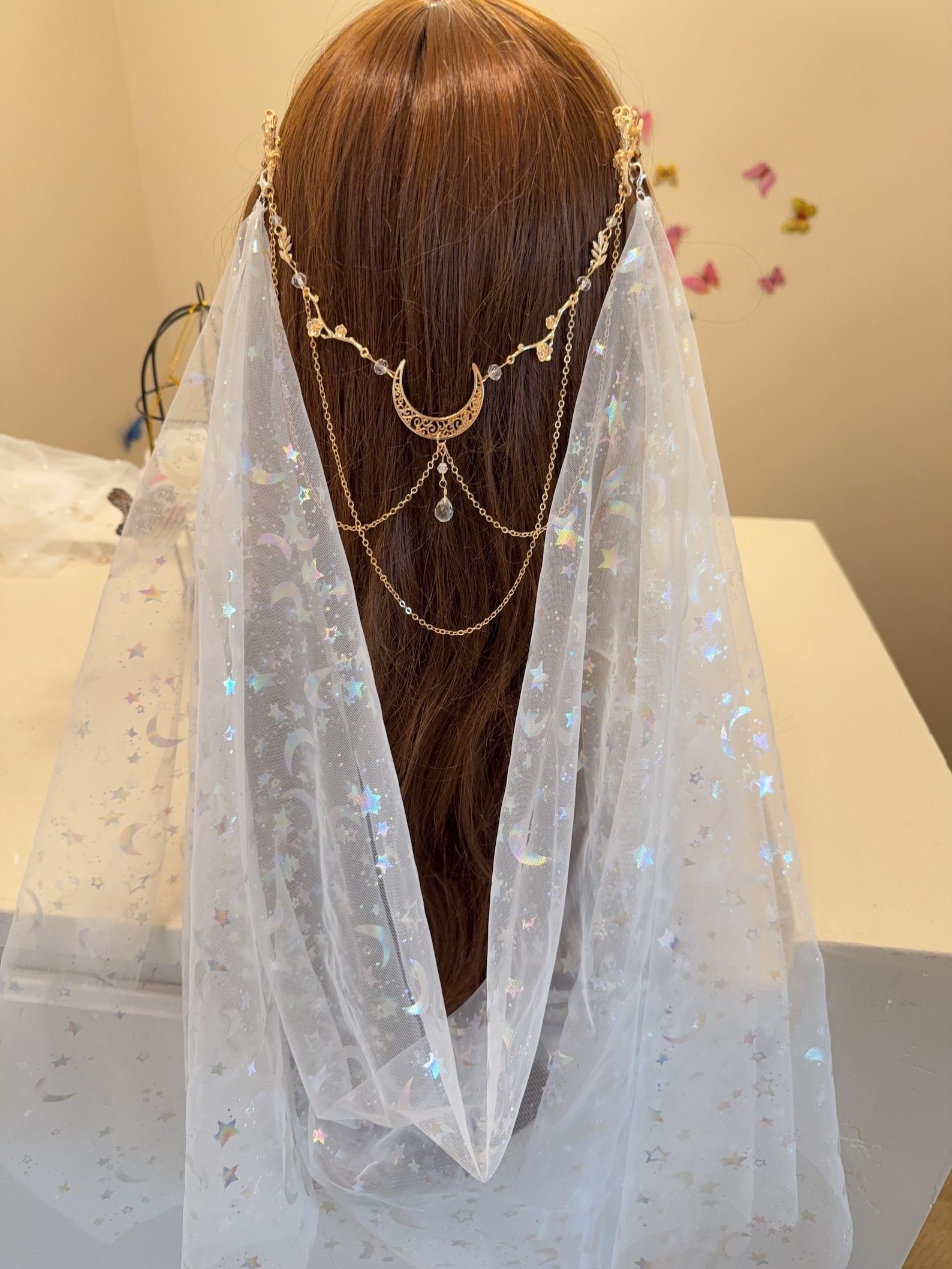 Bridal Gold Leaf Hair Comb, Crystal Wedding Hair Chain, Draped Veil - Etsy