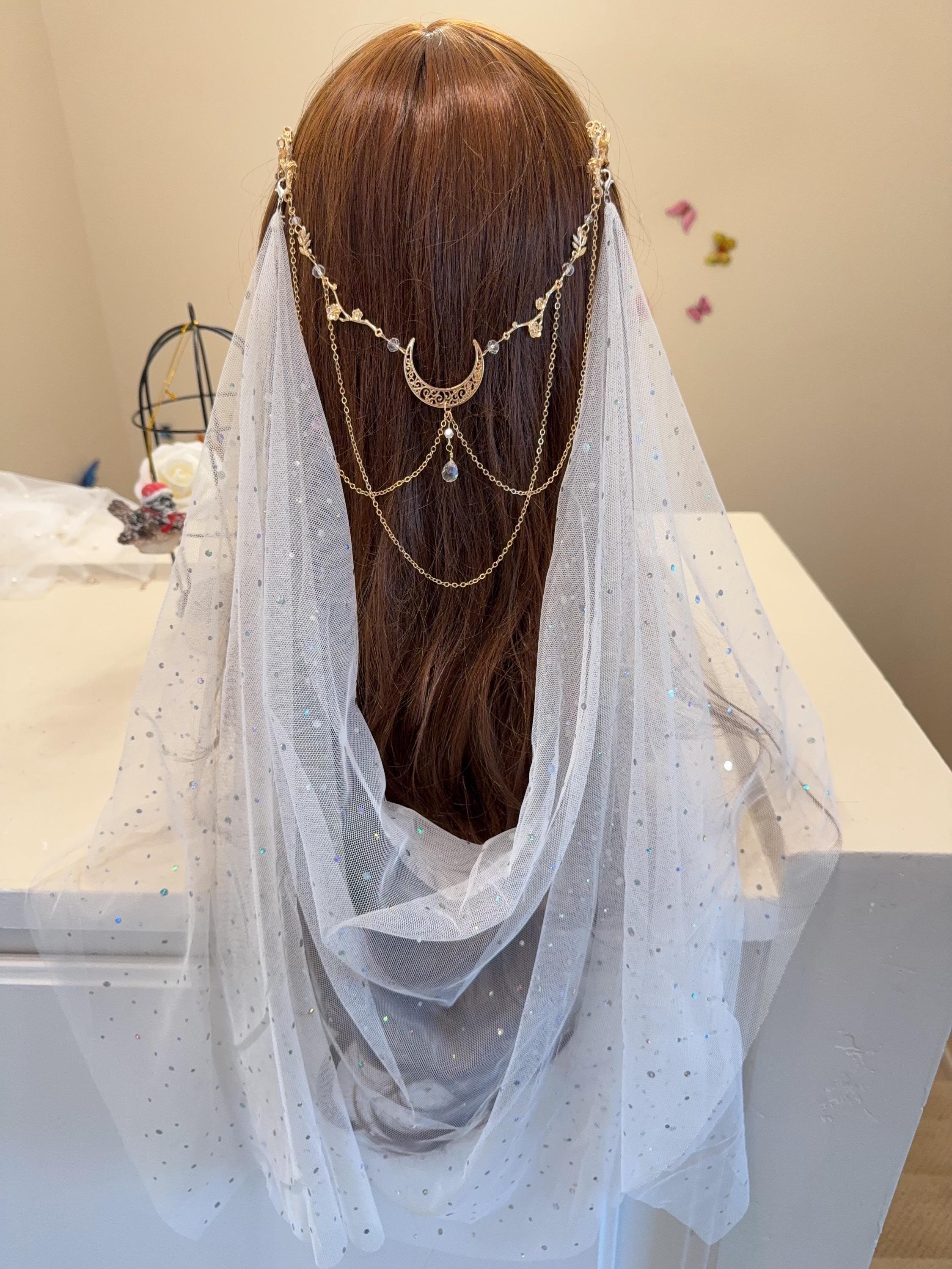Bridal Gold Leaf Hair Comb, Crystal Wedding Hair Chain, Draped Veil - Etsy