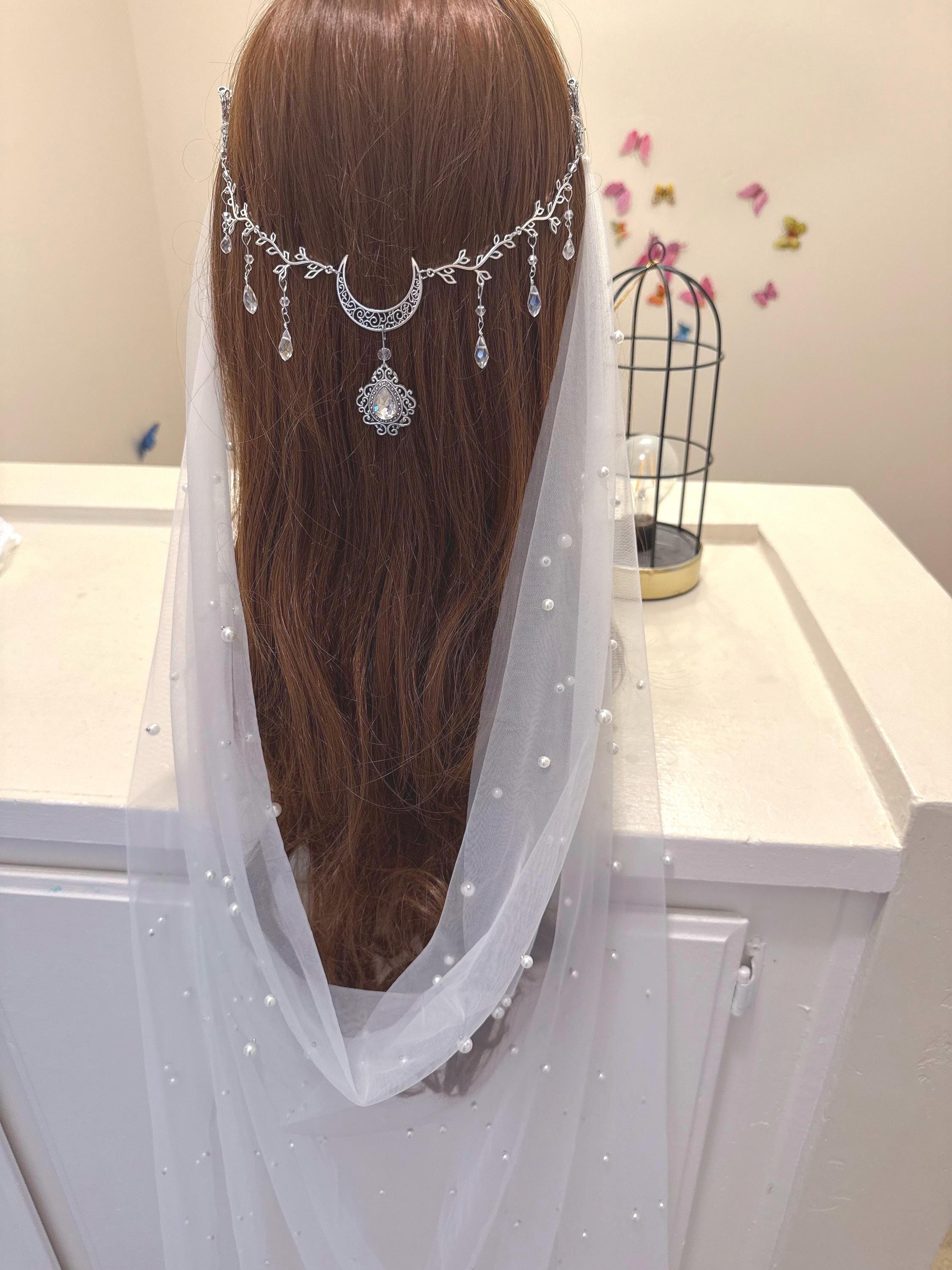 Bridal Crystal Leaf Hair Comb, Moon Wedding Headpiece With Veil Elven ...