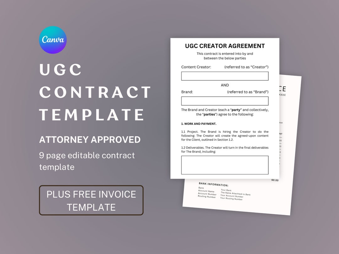 UGC Contract Template Canva, Attorney Approved Contract, UGC Invoice ...