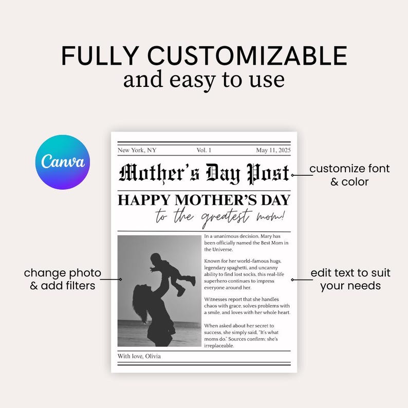Mother's Day Newspaper Card, Newspaper Template Canva, Customizable ...