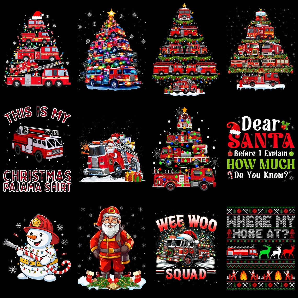Firefighter Christmas PNG Bundle, Fire Truck Christmas Tree PNG ...