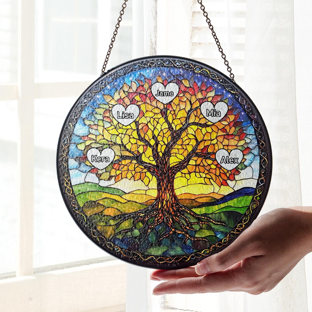 Custom Family Tree Names Stained Glass Suncatcher, Family Tree ...