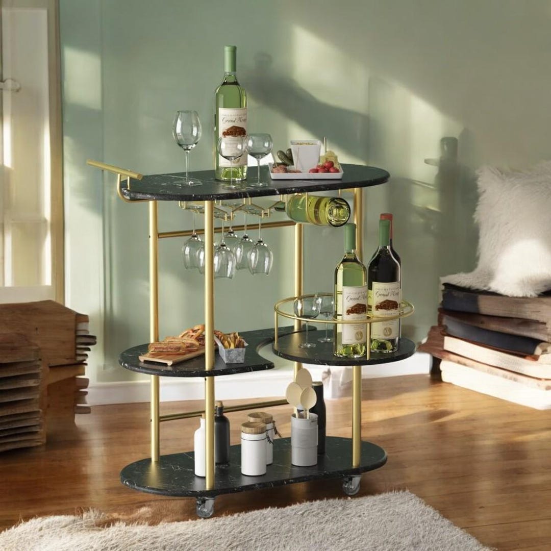 Bar Trolley With 4 Tiers of Storage Shelves, Mobile Bar Service Trolley ...