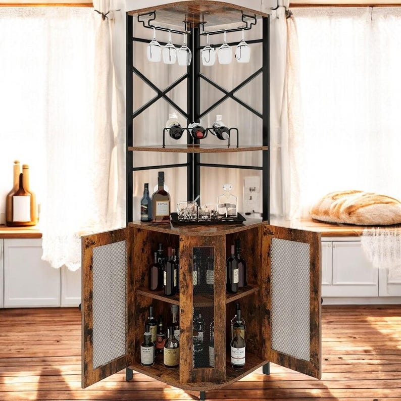 Corner Cabinet With Mesh Door Wine Rack and Glass Holder Bar Cabinets ...
