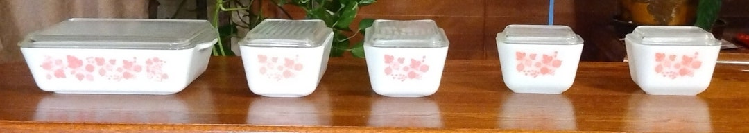 VINTAGE PYREX. Pink Gooseberry Complete 5 Piece Set. Refrigerator Set ...