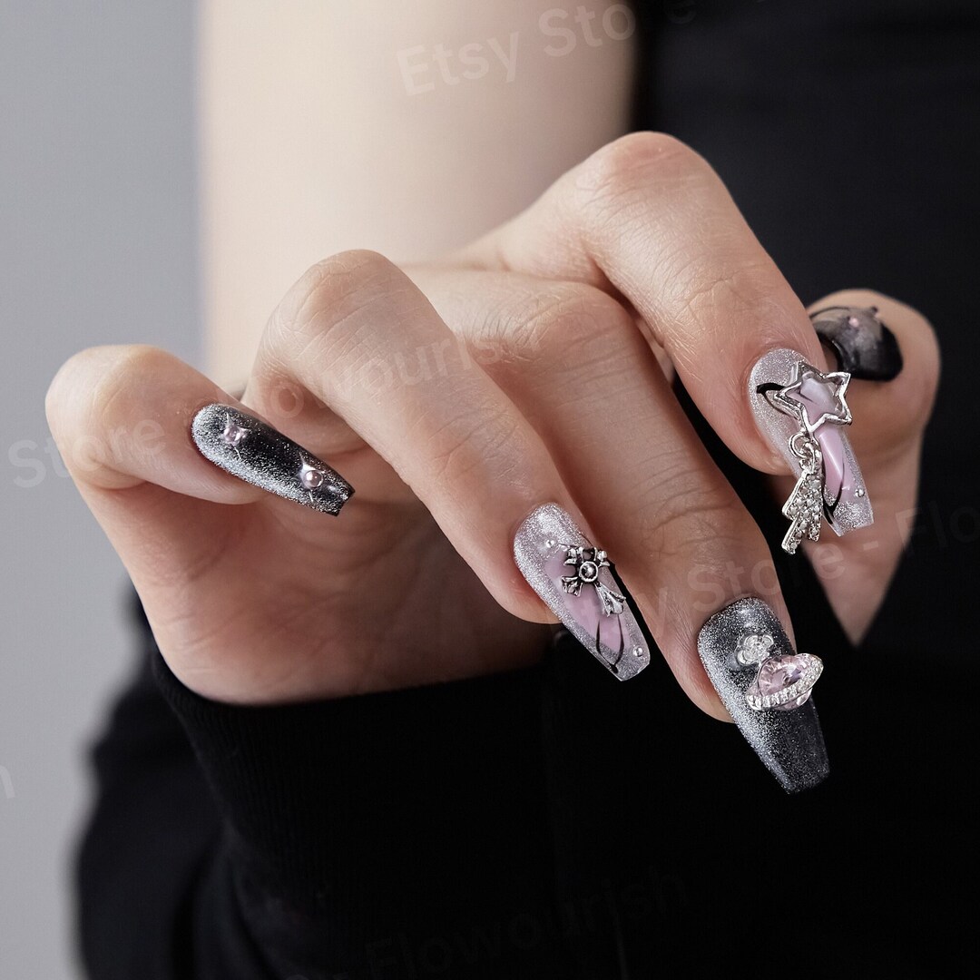 Silver Black Pink Star and Comet Square Stiletto Press-on Nails Set ...