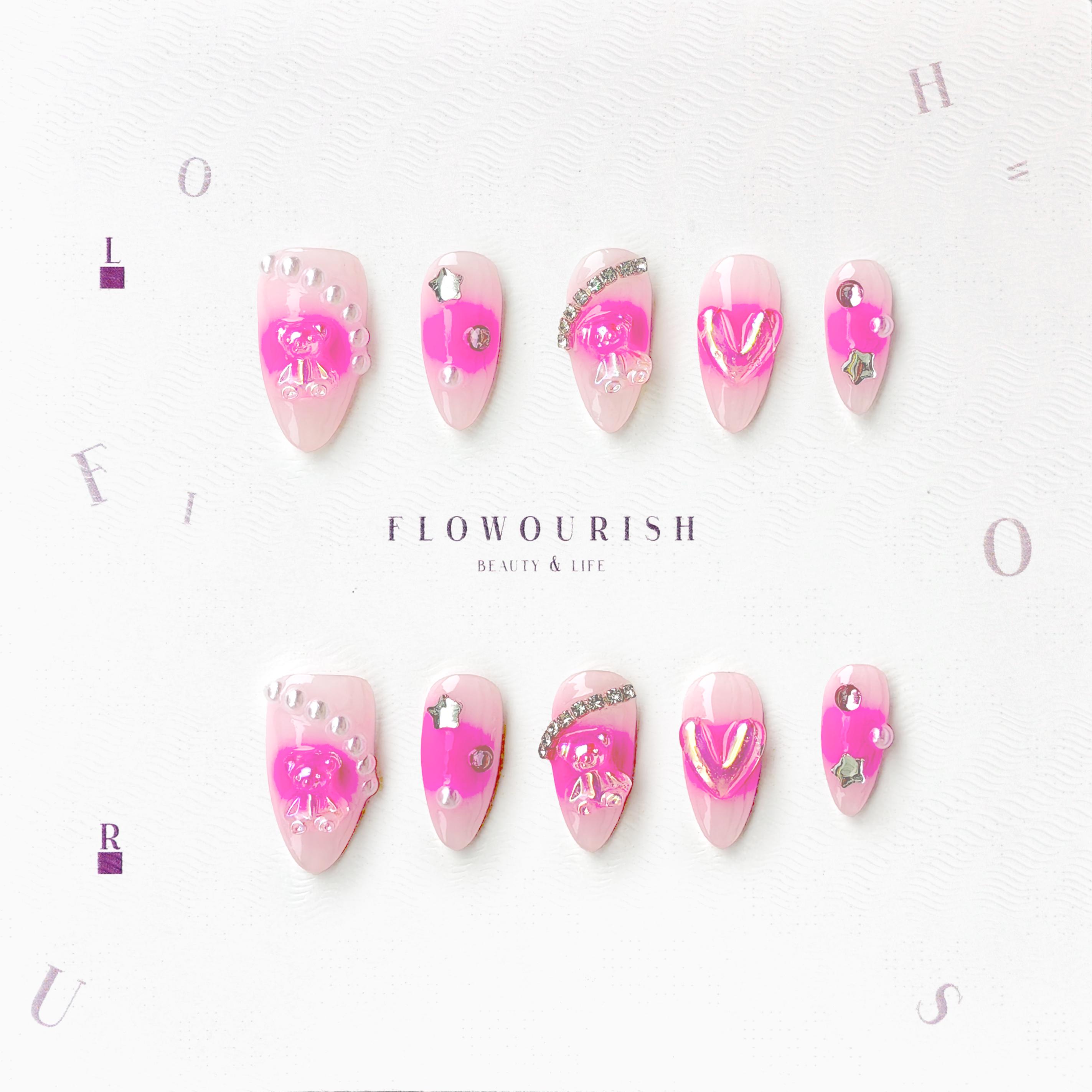 Ombre Pink Teddy Bear Theme Short Almond Shape Press on Nails ~ Cute ...