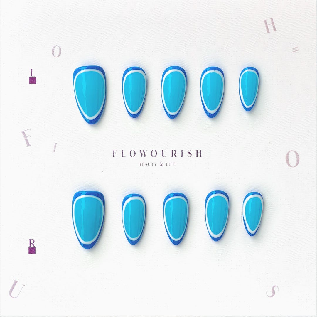 By the Pool Theme Bright Blue Short Almond Shape Press on Nails ~ Hand ...
