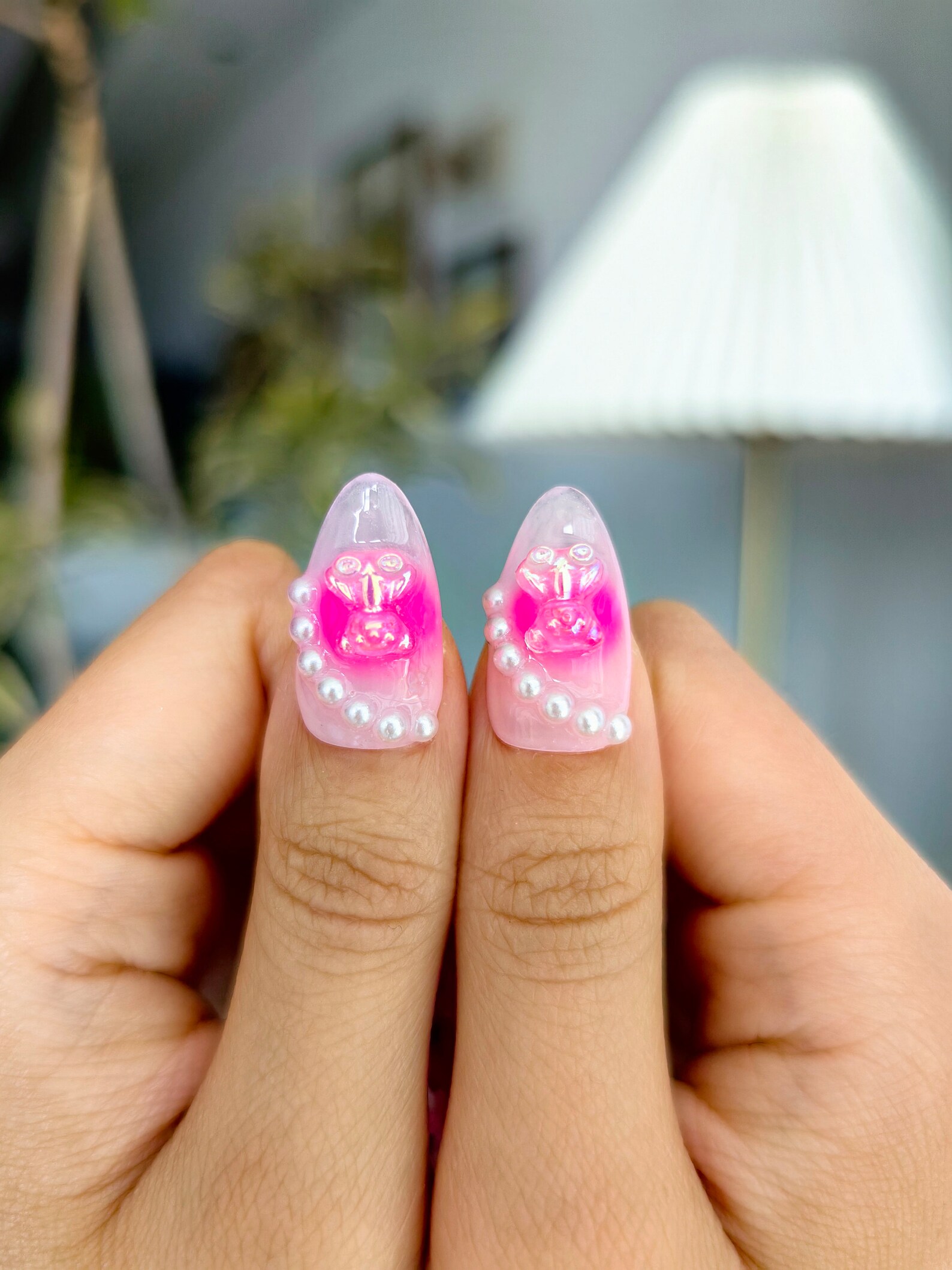 Ombre Pink Teddy Bear Theme Short Almond Shape Press on Nails ~ Cute ...