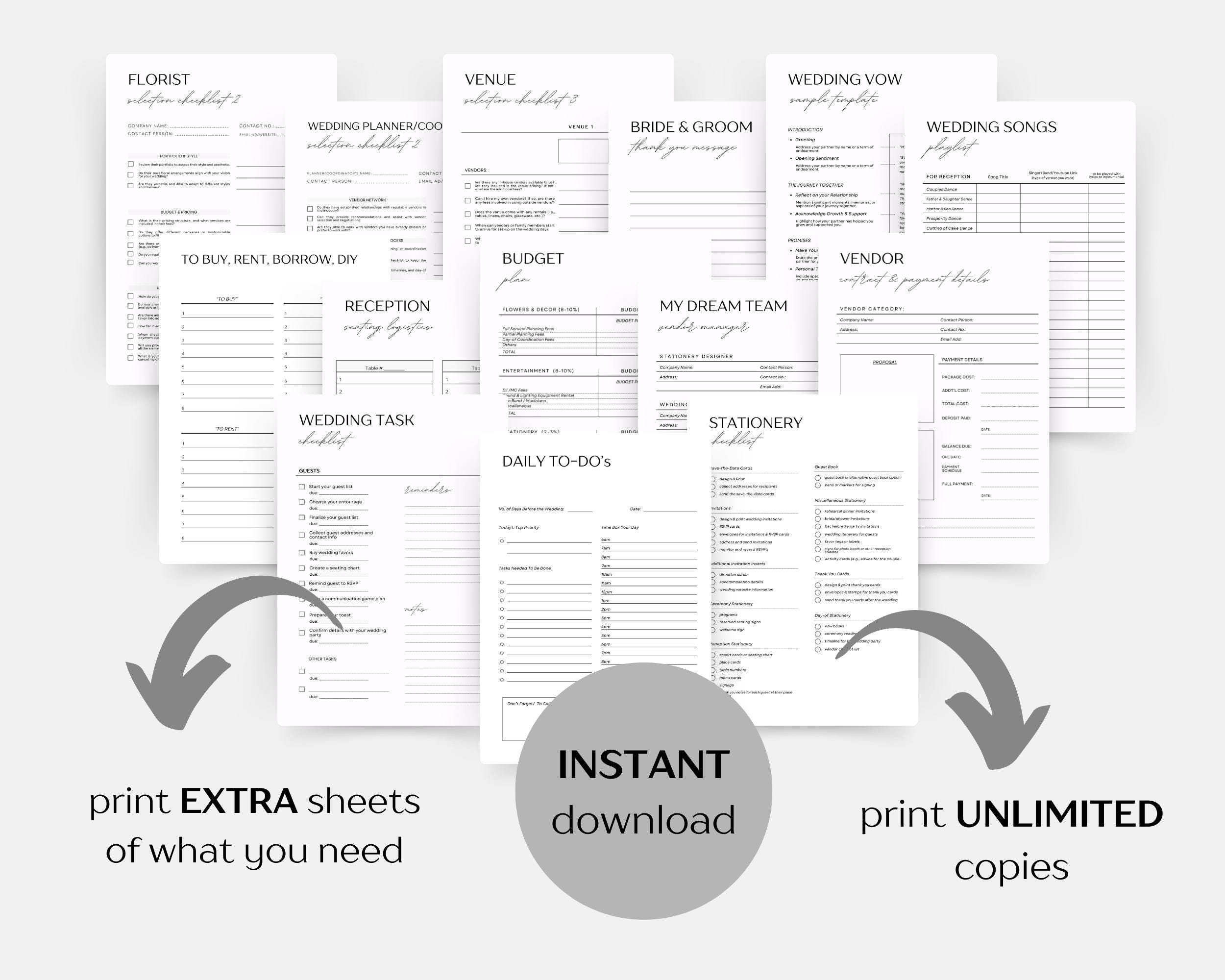 Complete Wedding Planner Printable | Minimalist Organizer, Checklists ...