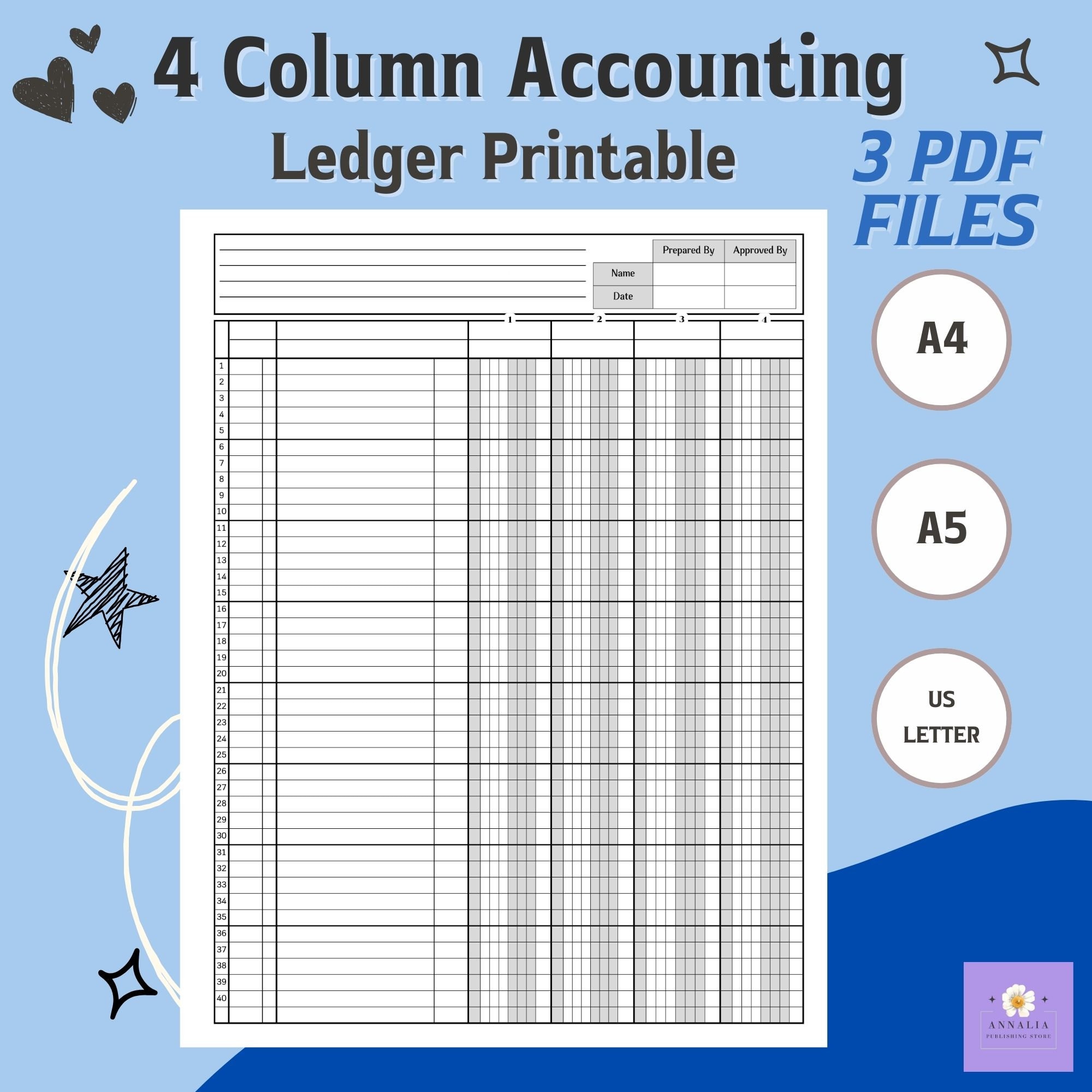 4 Column Accounting Ledger Printable Column Paper/ PDF Files, US Letter ...
