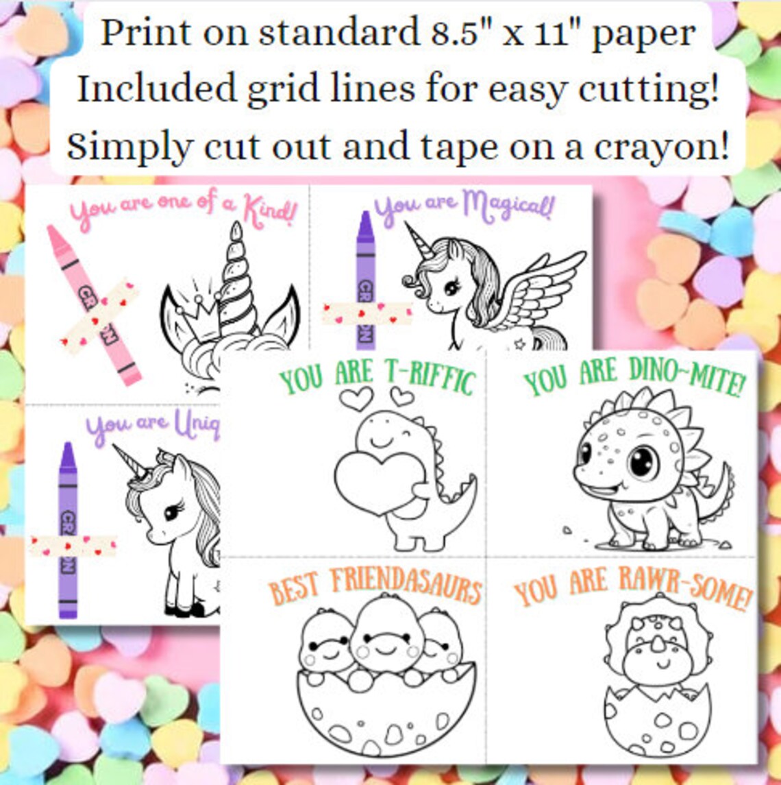 Printable Unicorn and Dinosaur Colorable Valentines - Etsy