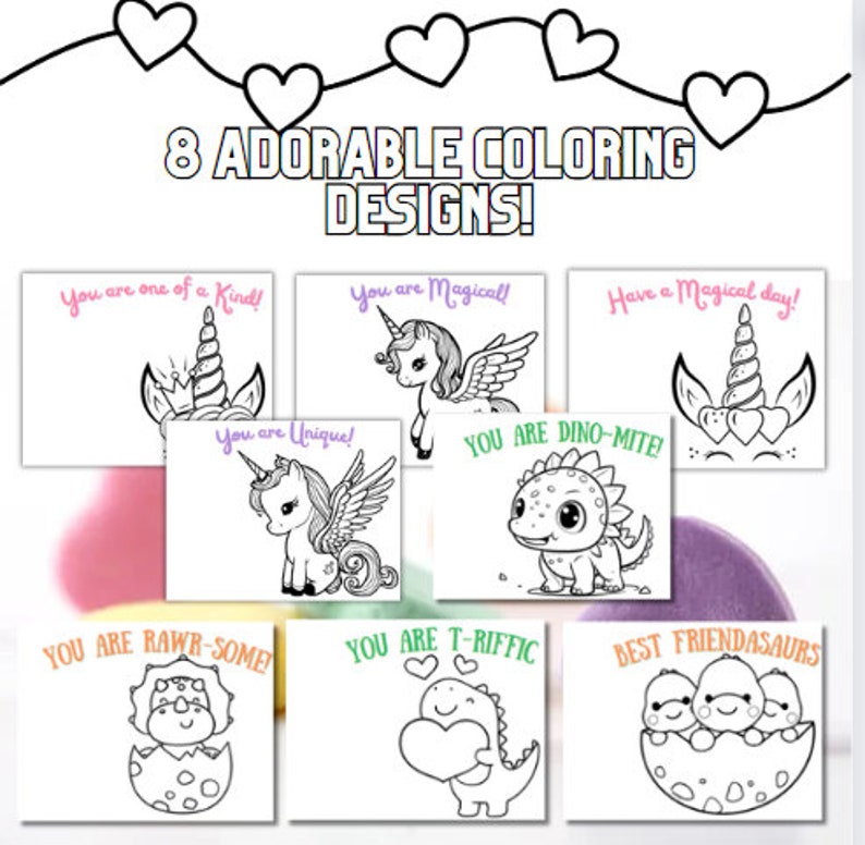 Printable Unicorn and Dinosaur Colorable Valentines! - Etsy