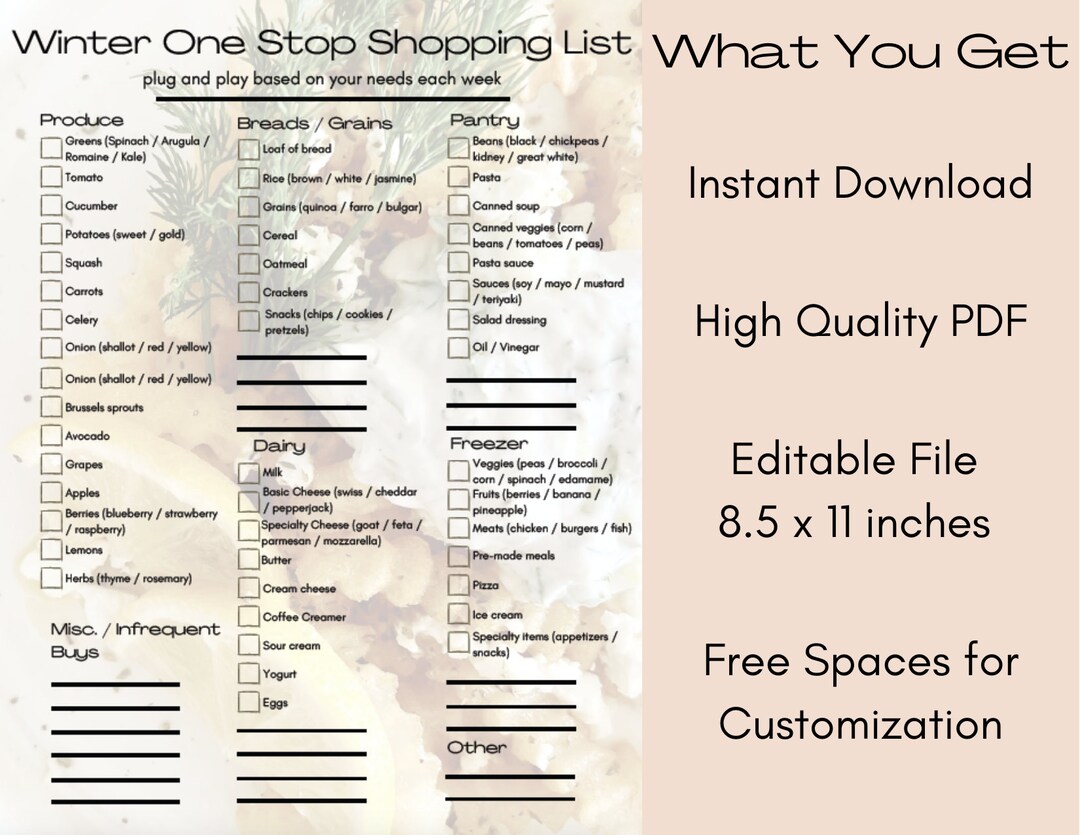 Fillable and Printable Grocery List for Winter Grocery Shopping Loaded ...