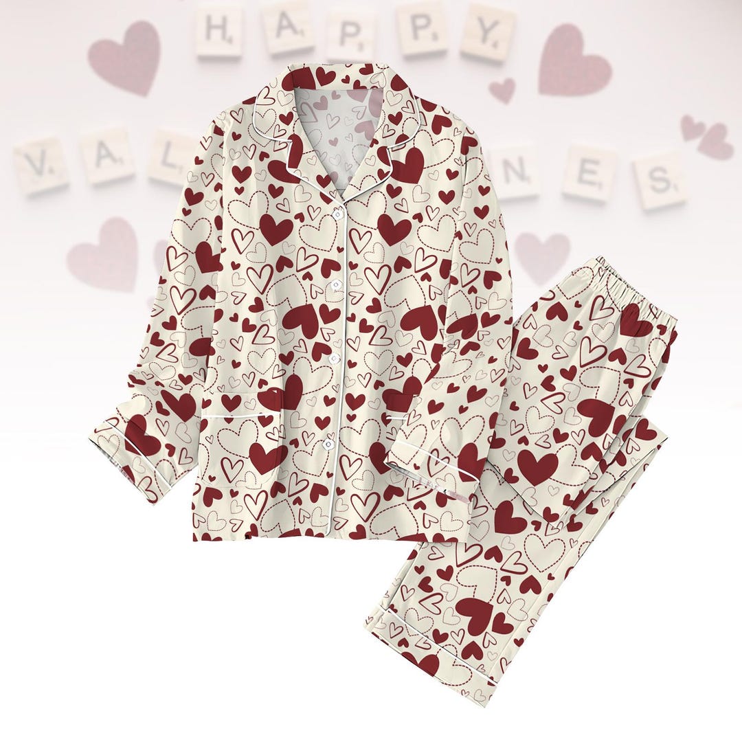 Valentine Day Hearts Pajamas Set, Retro Valentine Women Pajamas ...