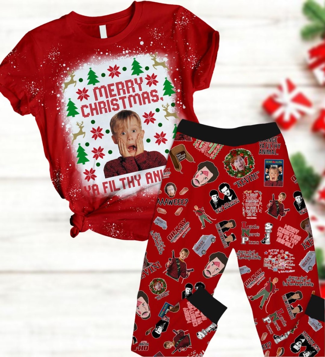 Home Alone Christmas Pajamas Set, Xmas Movie Tshirt Pants, Kevin ...