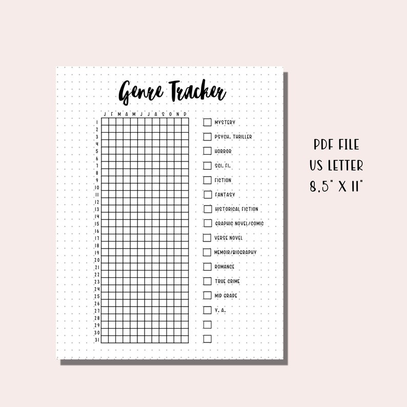 Yearly Genre Tracker Printable Daily Reading Tracker Book Tracker ...