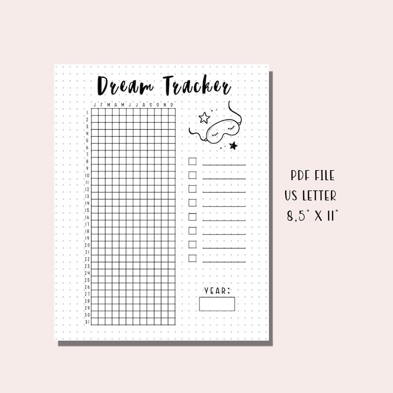 Dream Diary Printable Page for Bullet Journal / Yearly Dream Tracker ...