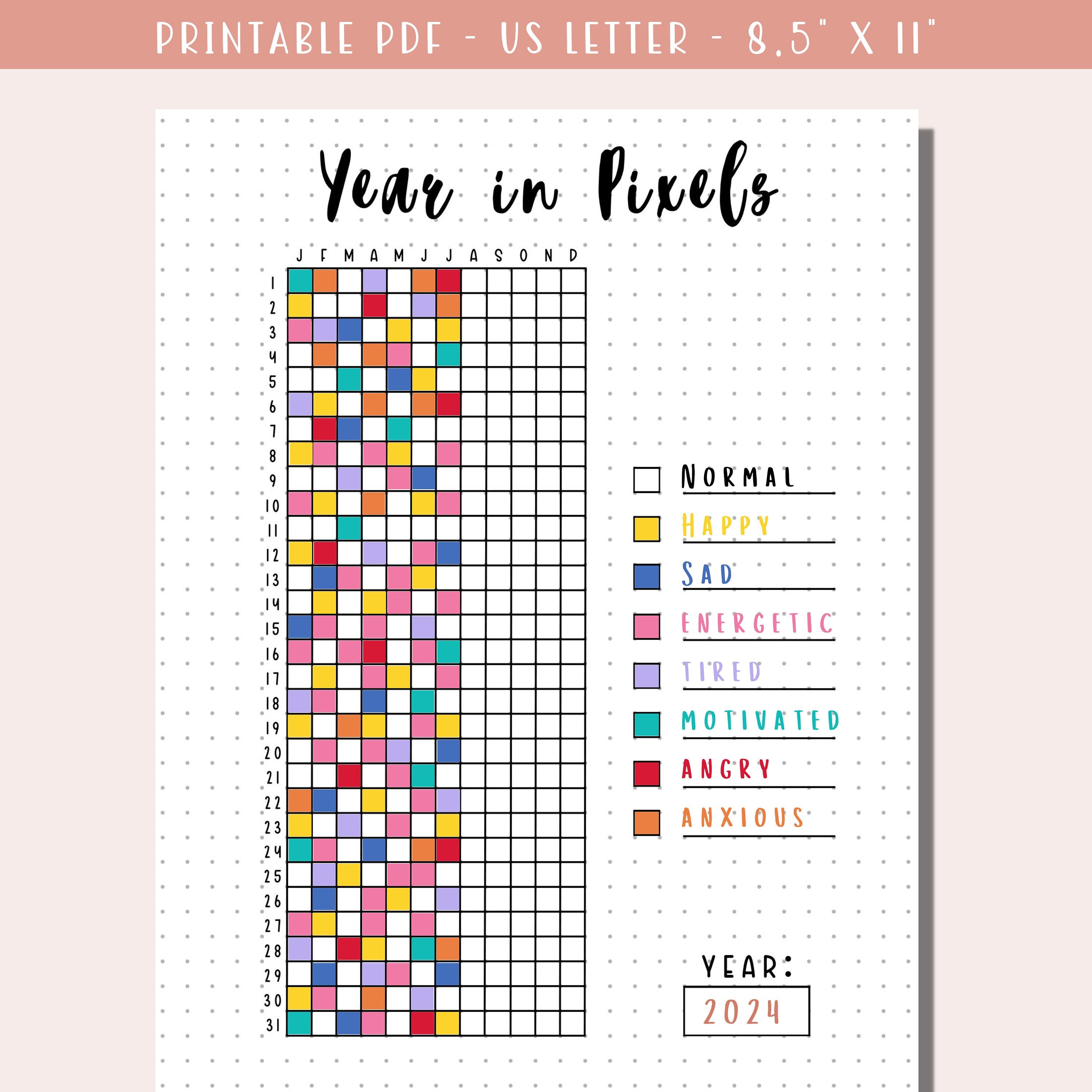Printable Year in Pixels Tracker With Key/ Mood Tracker / Bullet Journal Yearly Tracker / A Year ...