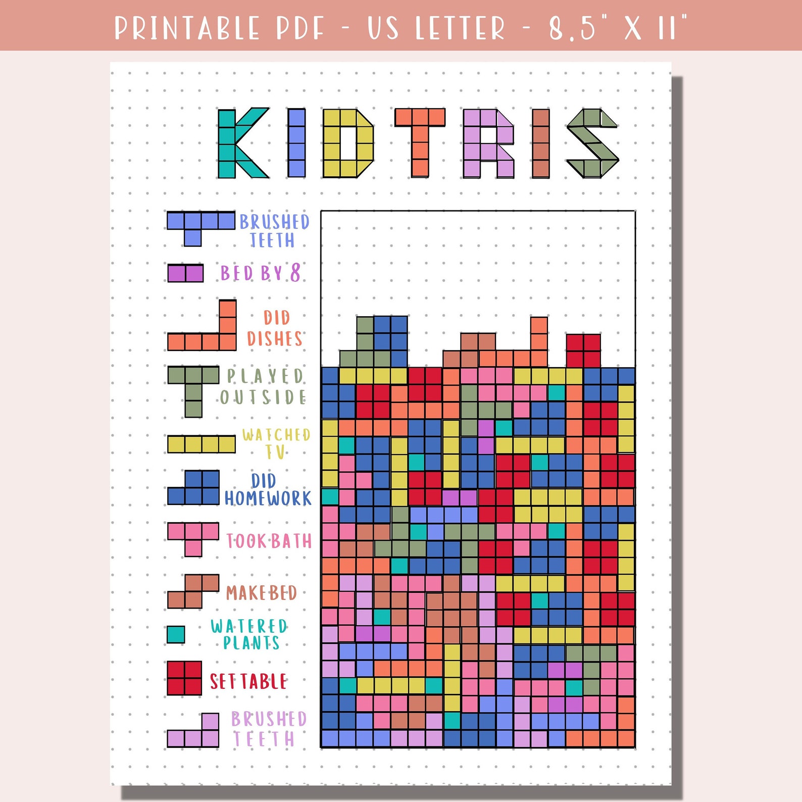 Tetris/style Kids Chore Chart Printable / Daily Kids Routine Chart ...