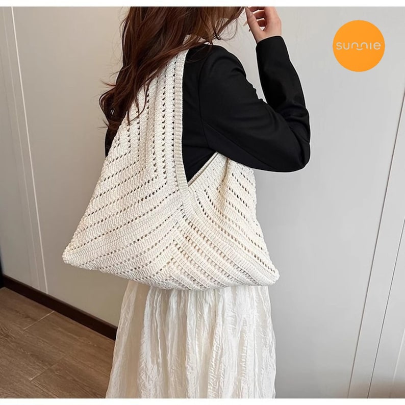 Triangle Mesh Crochet Tote Bag, Minimalist Cotton Summer Beach Bag ...