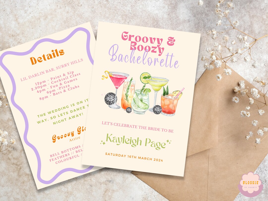 Groovy and Boozy Bachelorette Invitation Template, Cocktail Hens Party ...