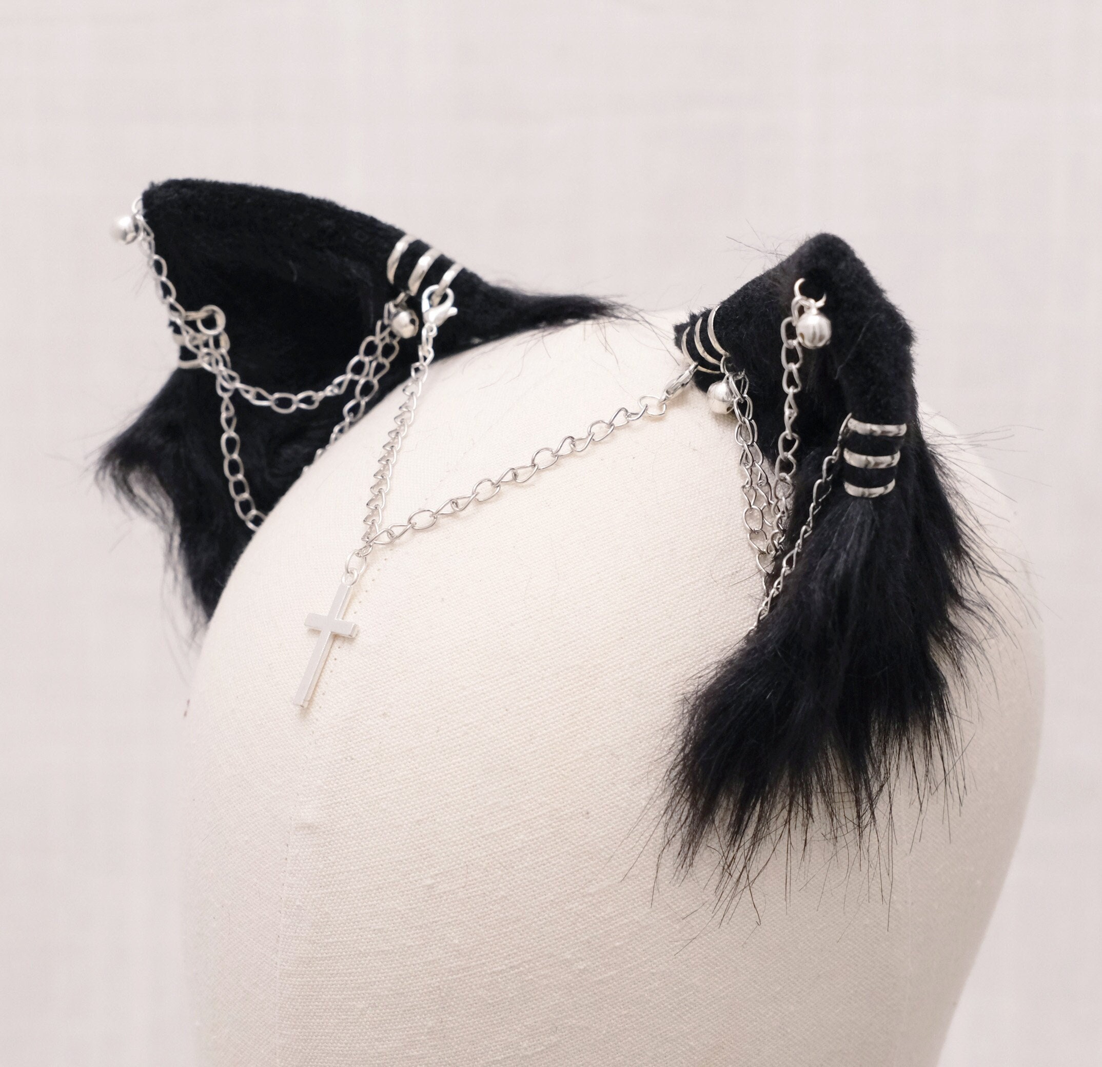 Black Cat Ears Hair Clips With Cross Earrings and Chain Cosplay Cute ...
