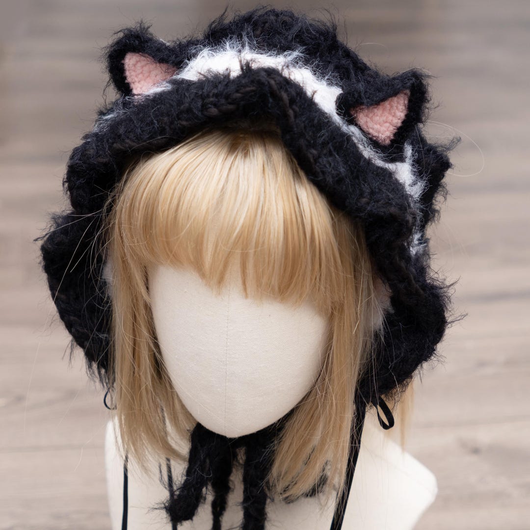 Kawaii Cat Ear Headband, Black and Pink, Adult Size, Handknitted ...