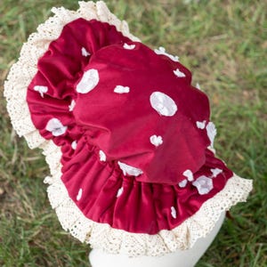 Red Button Mushroom Hat With White Dots, Decorated With Cotton Laces ...