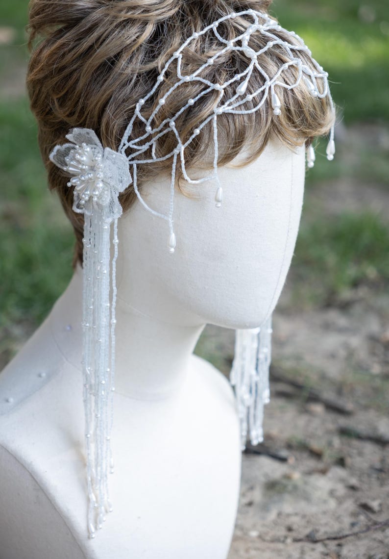 Gatsby Headpiece, White, Bead and Sequin, Jazz Age, Flapper Headband ...