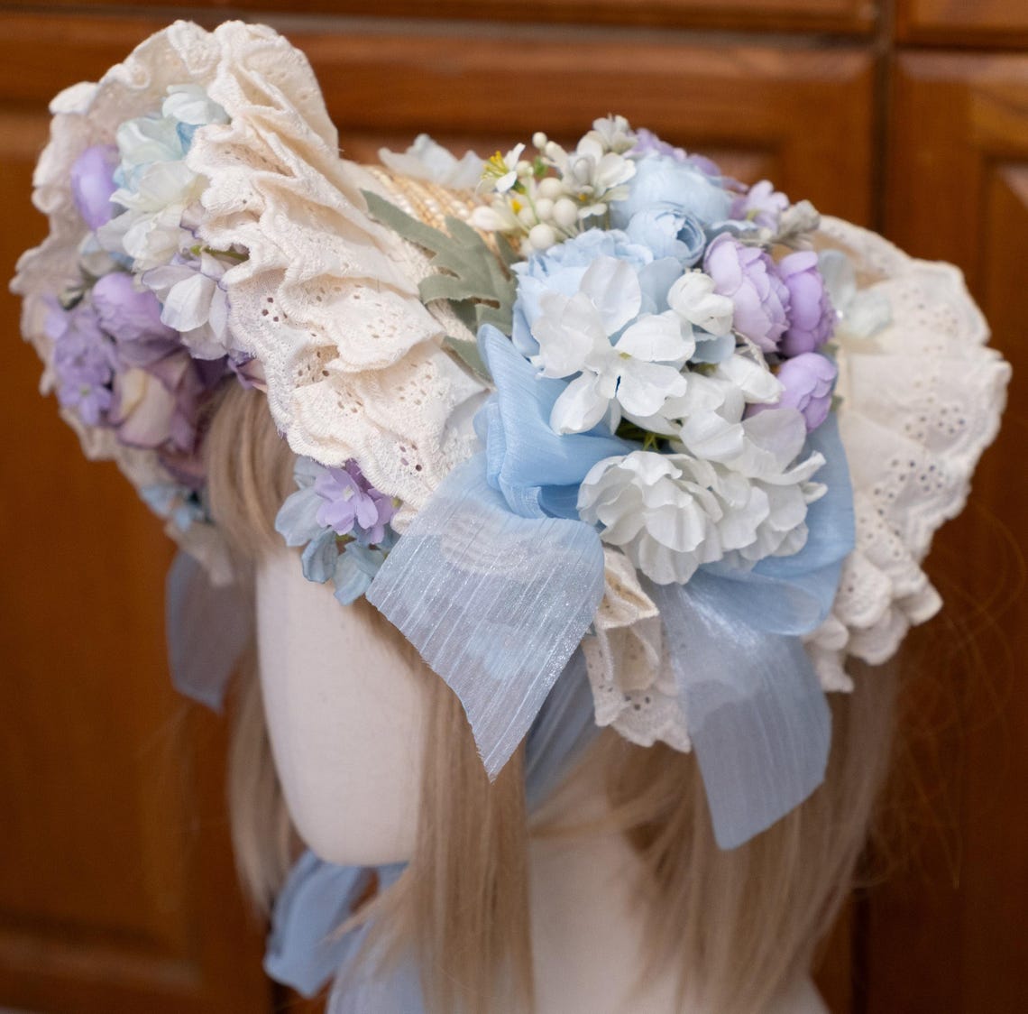 Victorian Flat Bonnet Full of Flowers, Blue and Purple, With Ribbons ...