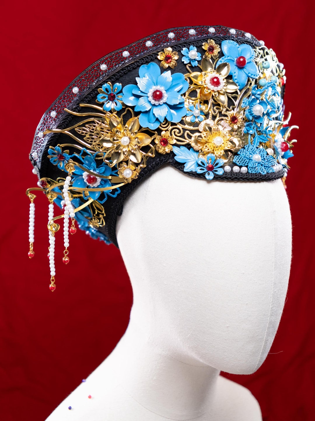 Qing Dynasty Queen Headdress, Gold and Blue Flowers, Manchu Royal Women ...