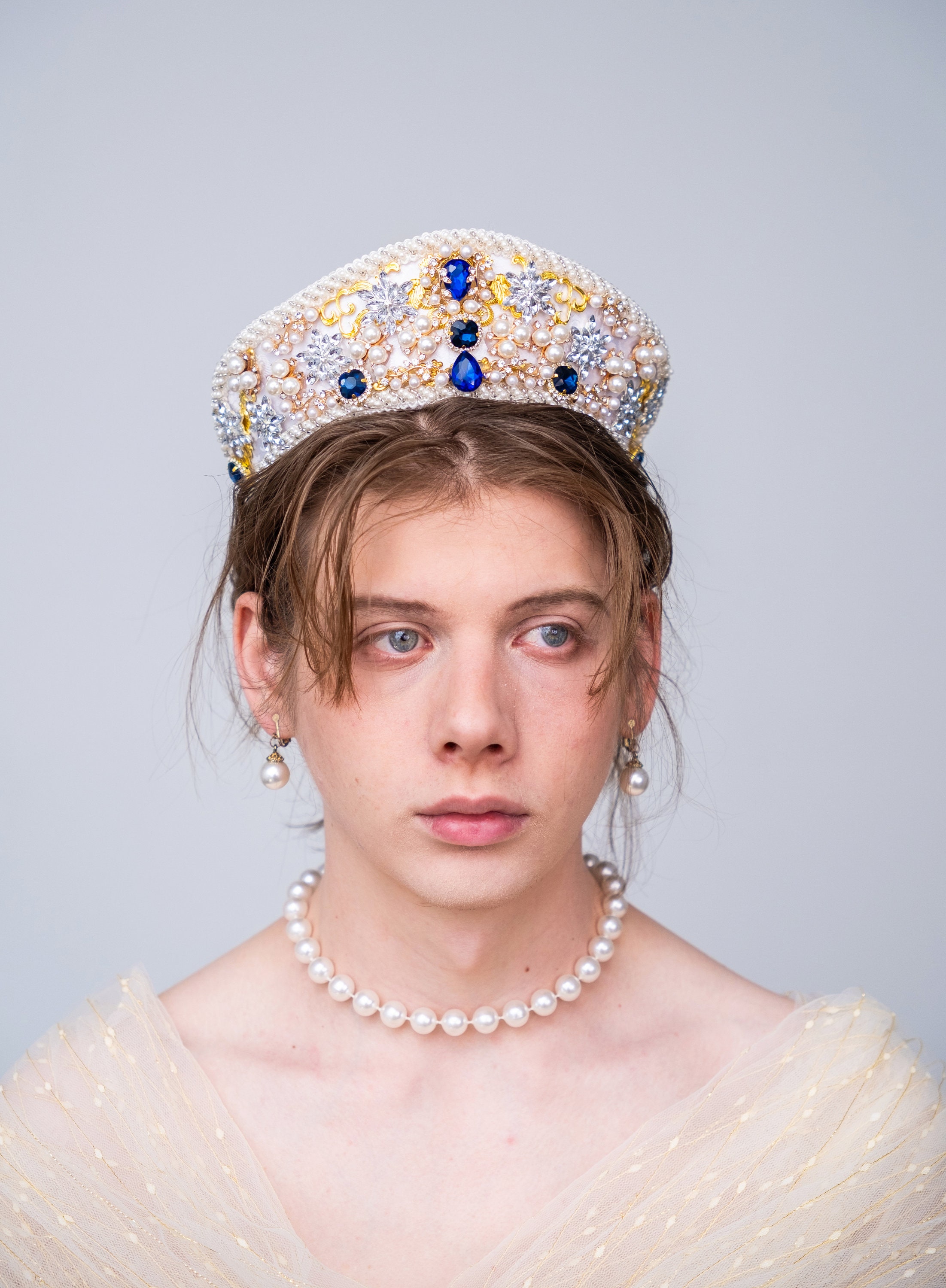 Lolita Tudor Crown White Blue Tiara Imperial Religious Queen Emperor ...